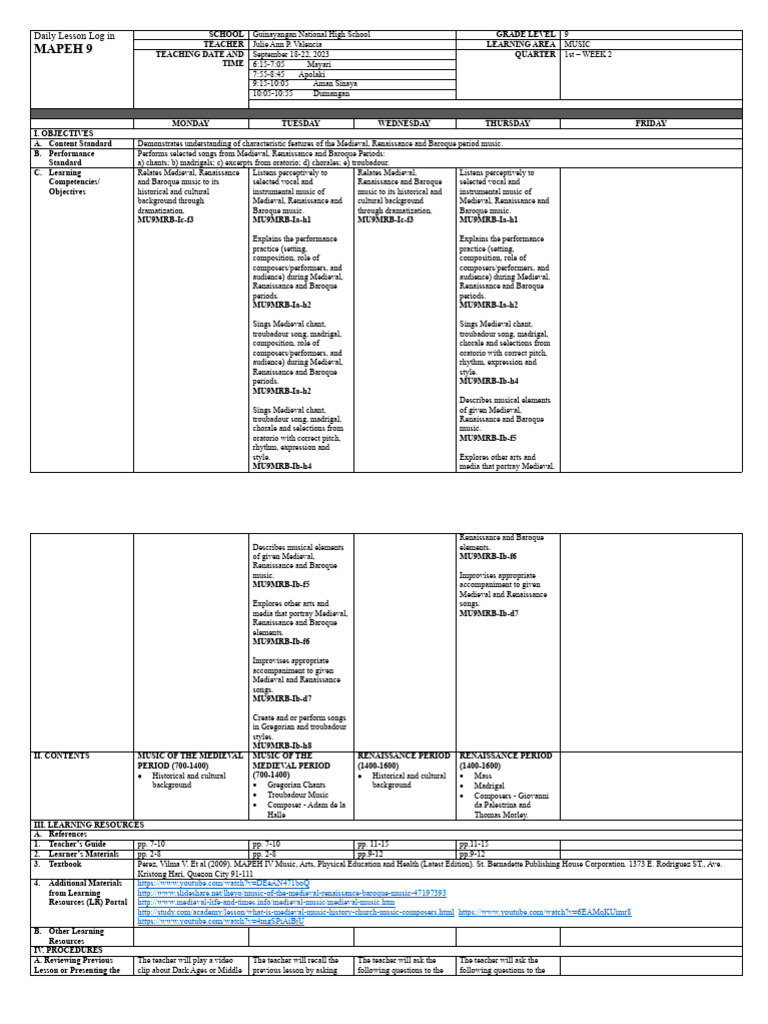 MAPEH 9 Music Lesson Plan: Medieval to Baroque | PDF