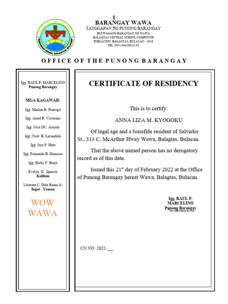 Barangay Clearance Certificate Sample | PDF