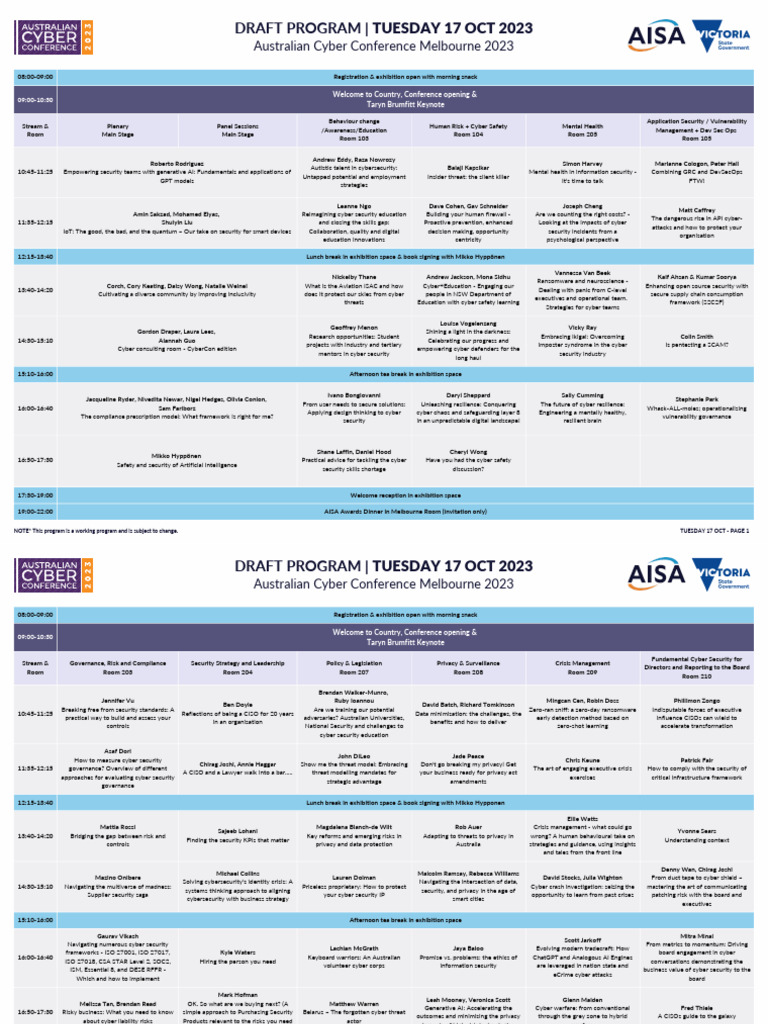 AISA CYBERCON 2023 MELBOURNE Full Program | PDF | Security | Computer ...