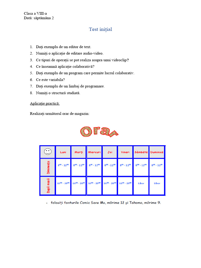 Test Inițial Clasa A 8-A Informatică Și TIC | PDF