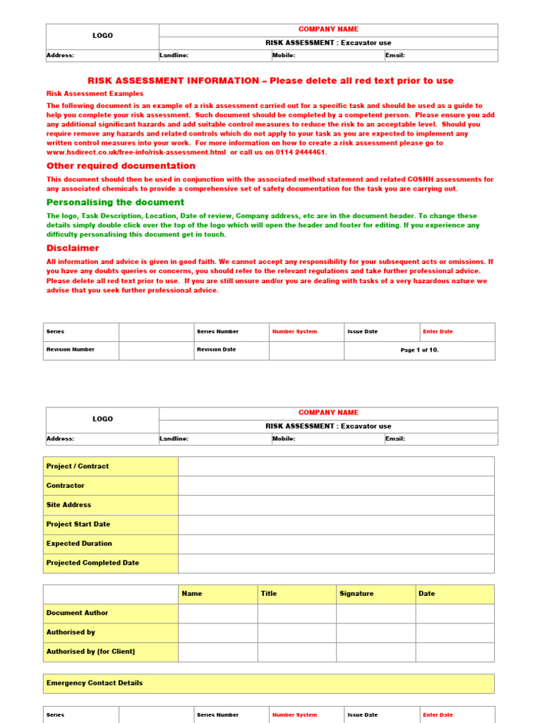 Excavator Use Risk Assessment | PDF