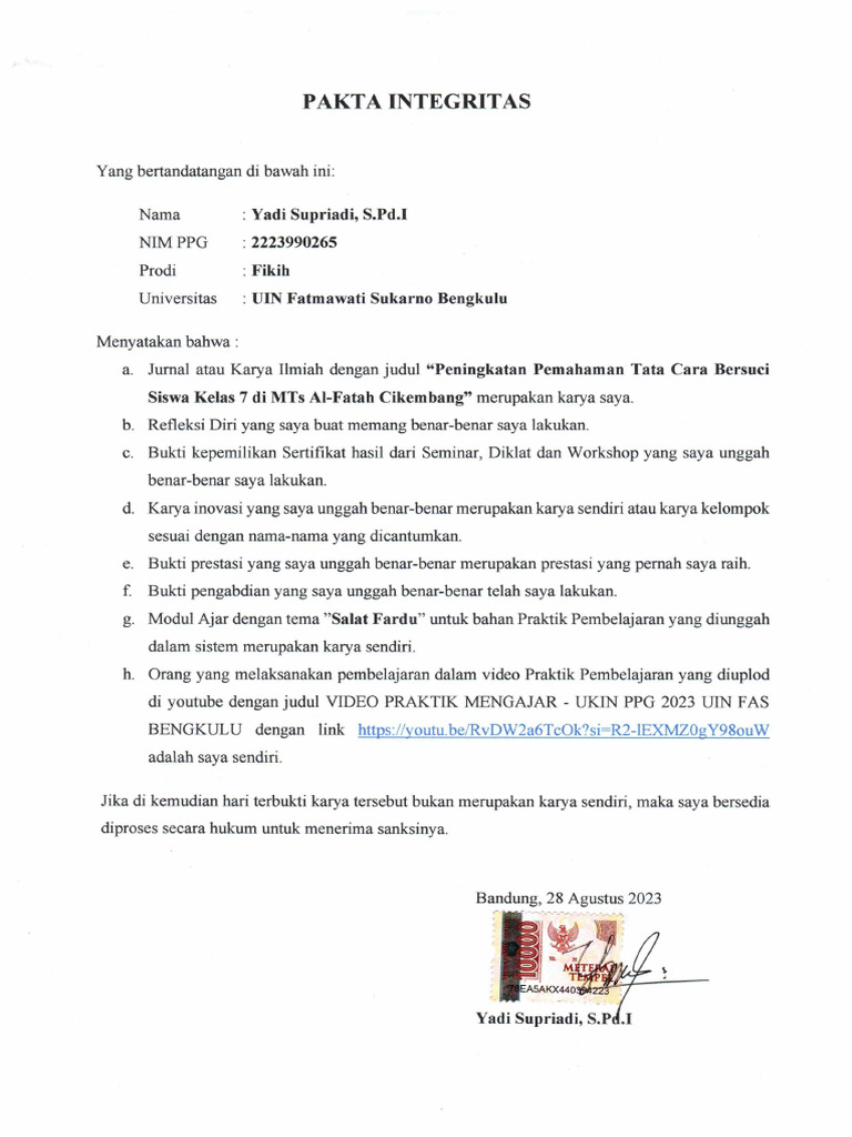 Pakta Integritas Berkas UKIN - Yadi Supriadi | PDF