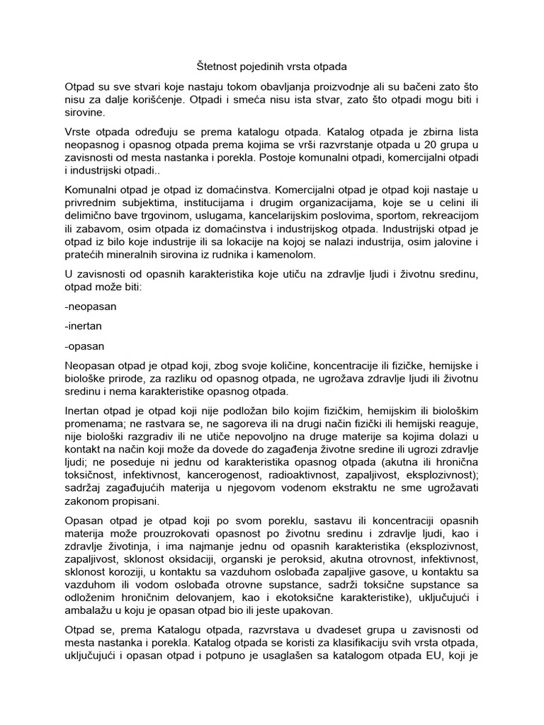 Štetnost Pojedinih Vrsta Otpada | PDF
