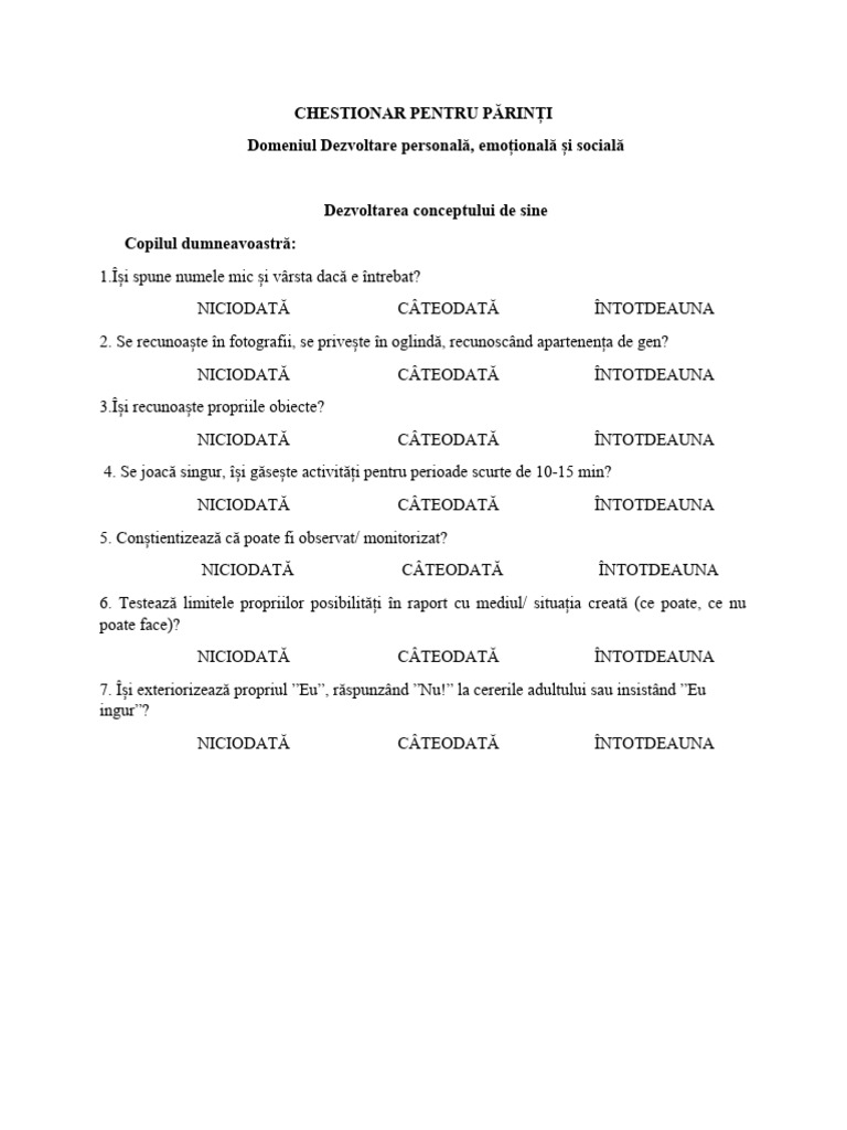 Chestionar Pentru Parintidomeniul Dezvoltare Personala Emotionala Si ...