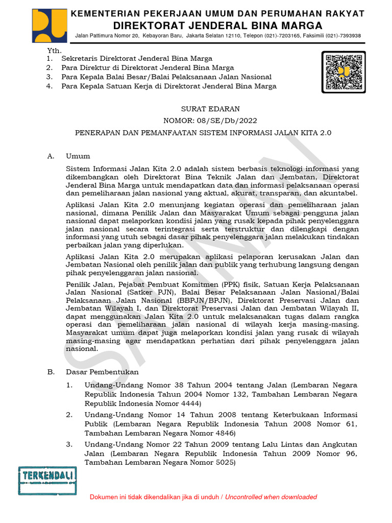 Surat Edaran Nomor 08sedb2022 Tentang Penerapan Dan Pemanfaatan Informasi Jalan Kita 20 | PDF