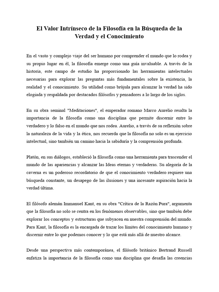 El Valor Intrínseco de La Filosofía en La Búsqueda de La Verdad y El ...