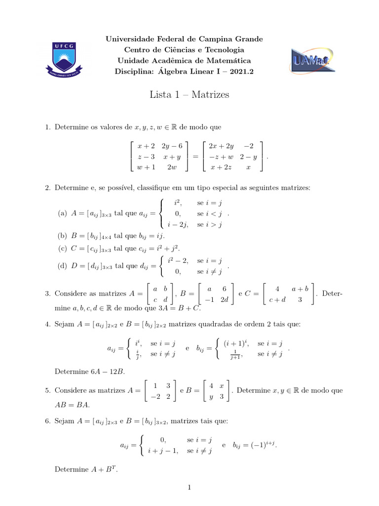 Lista de Exercícios de Álgebra Linear | PDF
