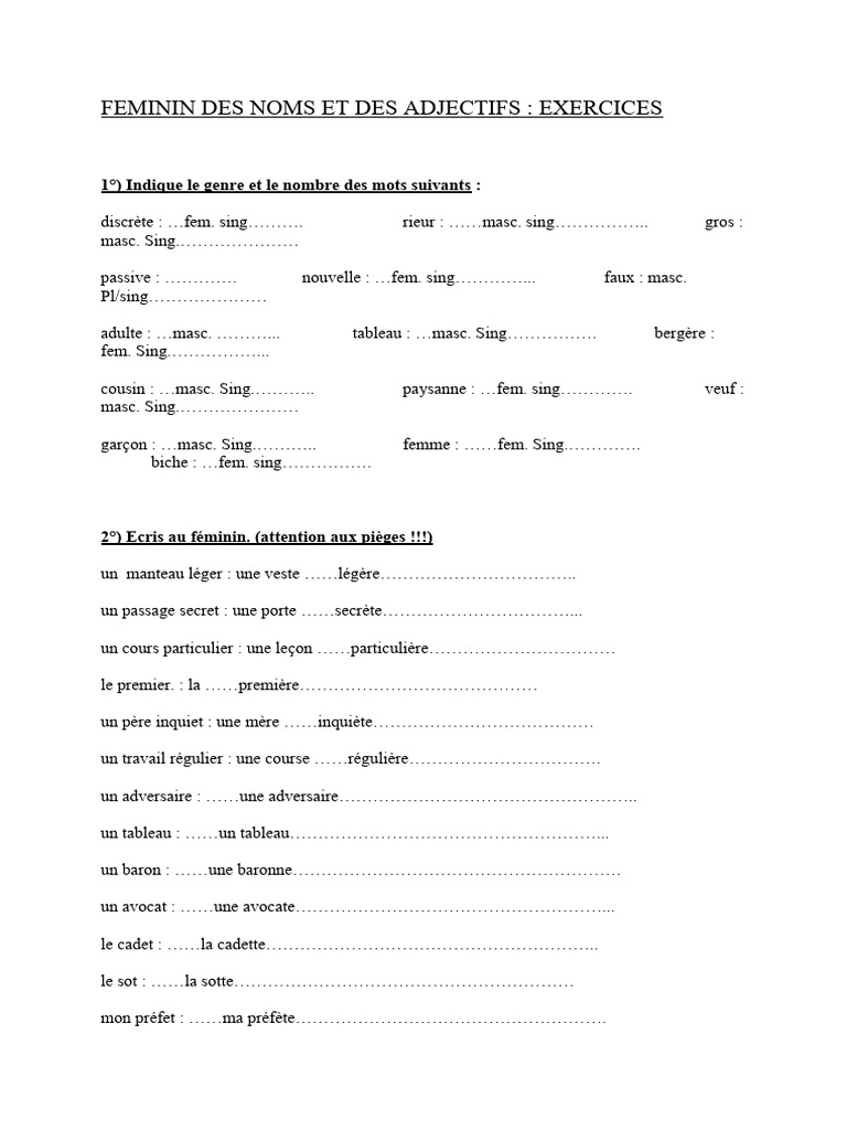 1.2. formation du féminin adjectifs exercices | PDF