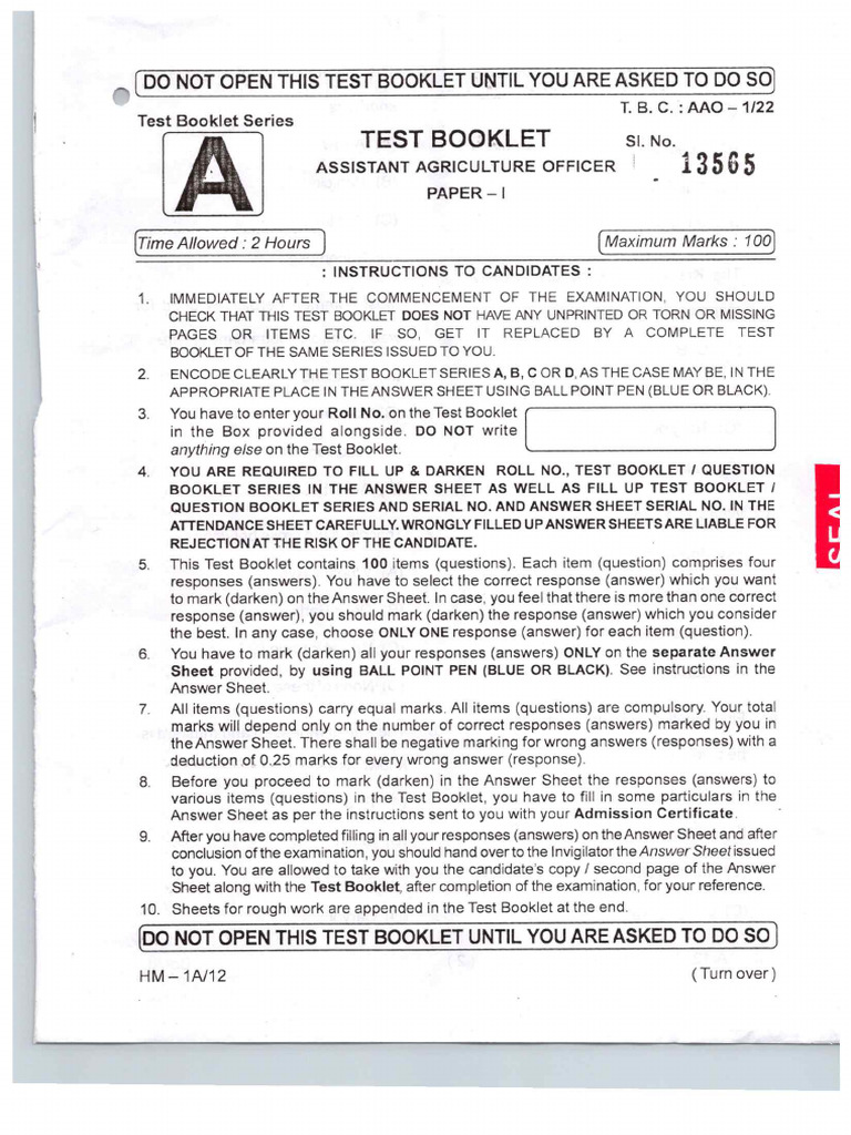 Aao Paper-I Test Booklet | PDF