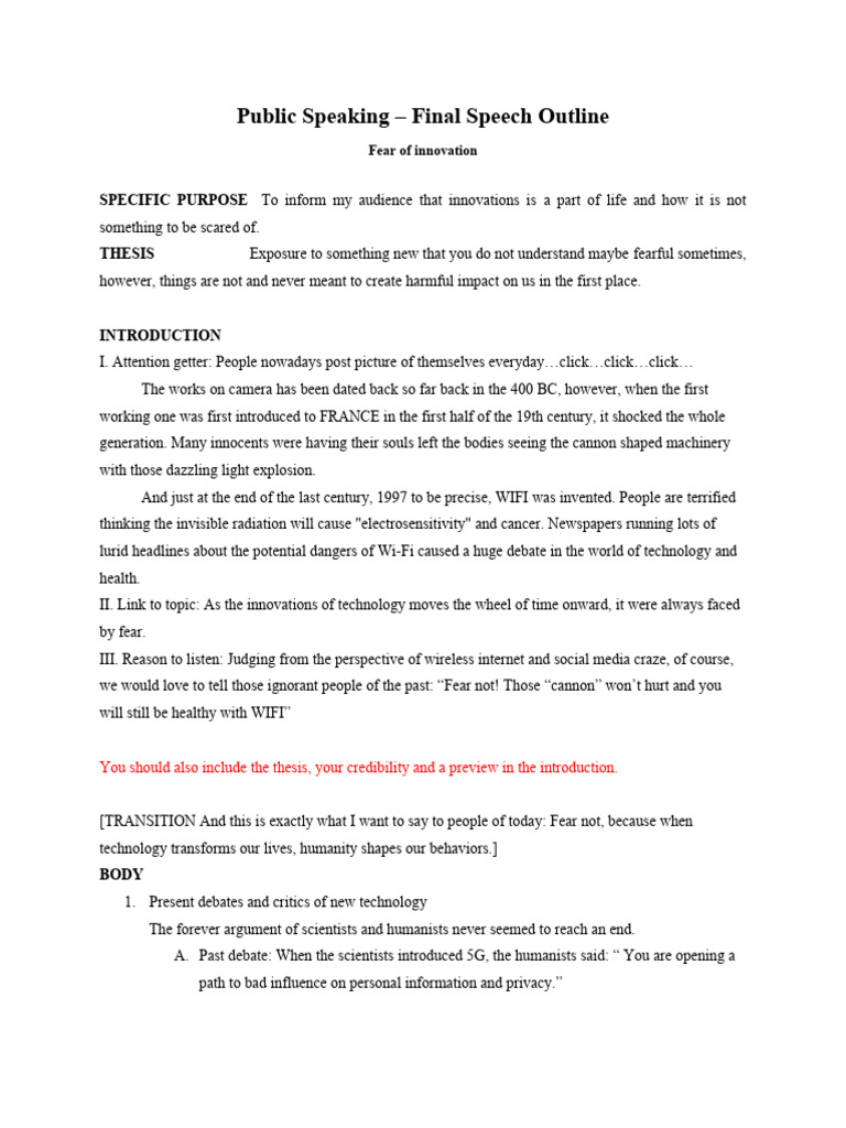 Public Speaking - Final Speech Outline Duy Anh - Commented | PDF ...