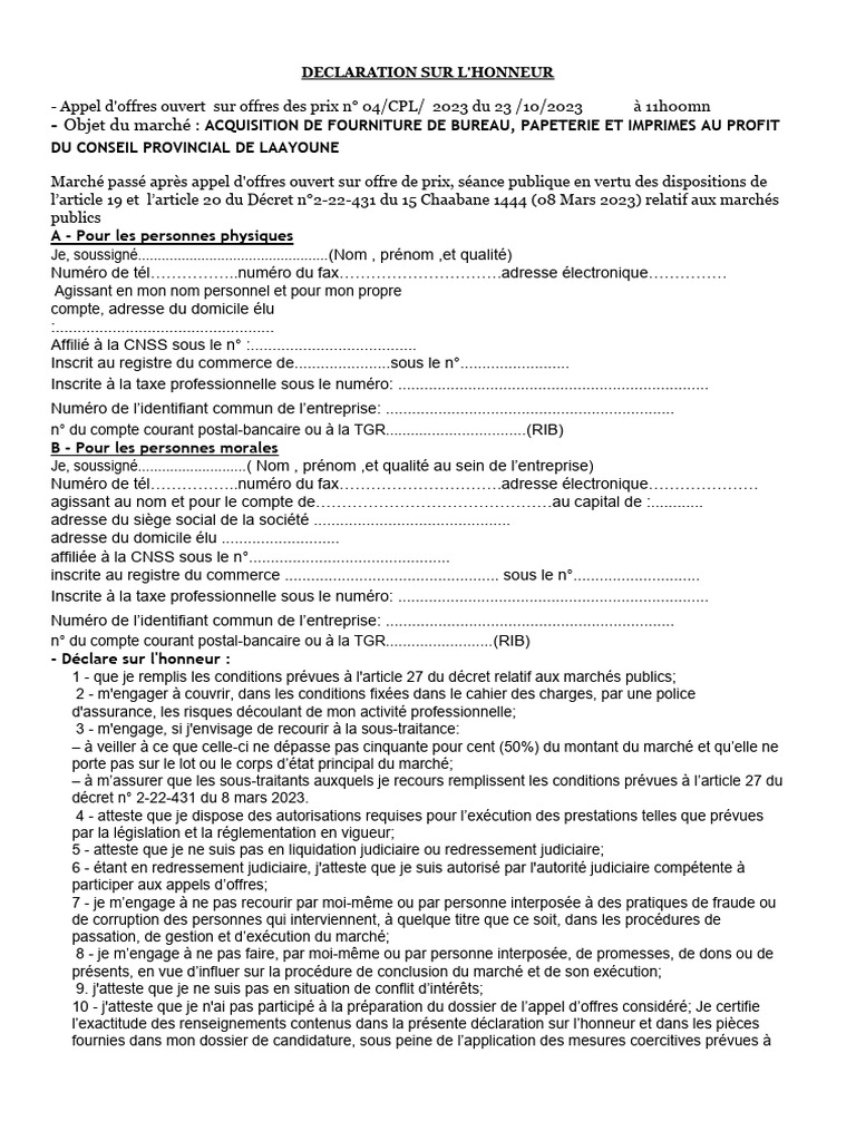 Declaration Sur L'honneur | PDF