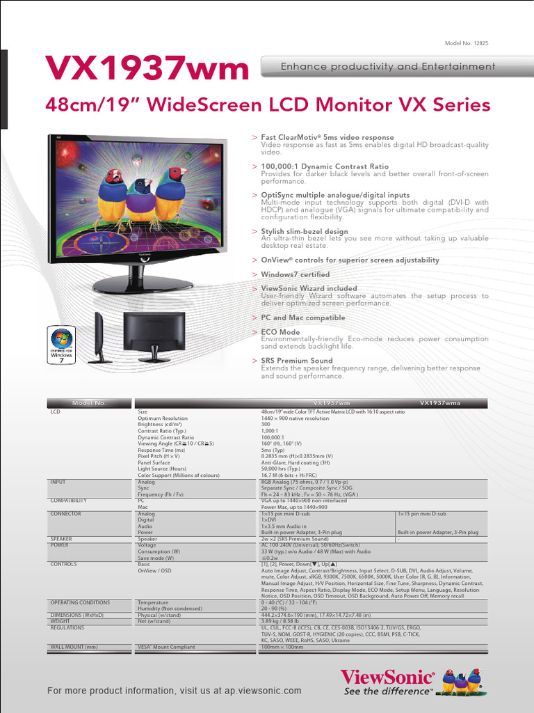 Vx1937Wm: 48Cm/19" Widescreen LCD Monitor VX Series | PDF | Display ...