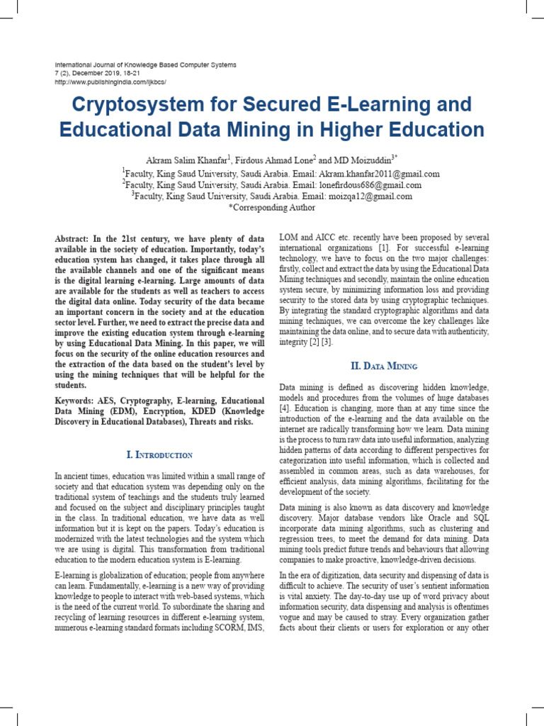 Cryptosystem For Secured E Learning and | PDF
