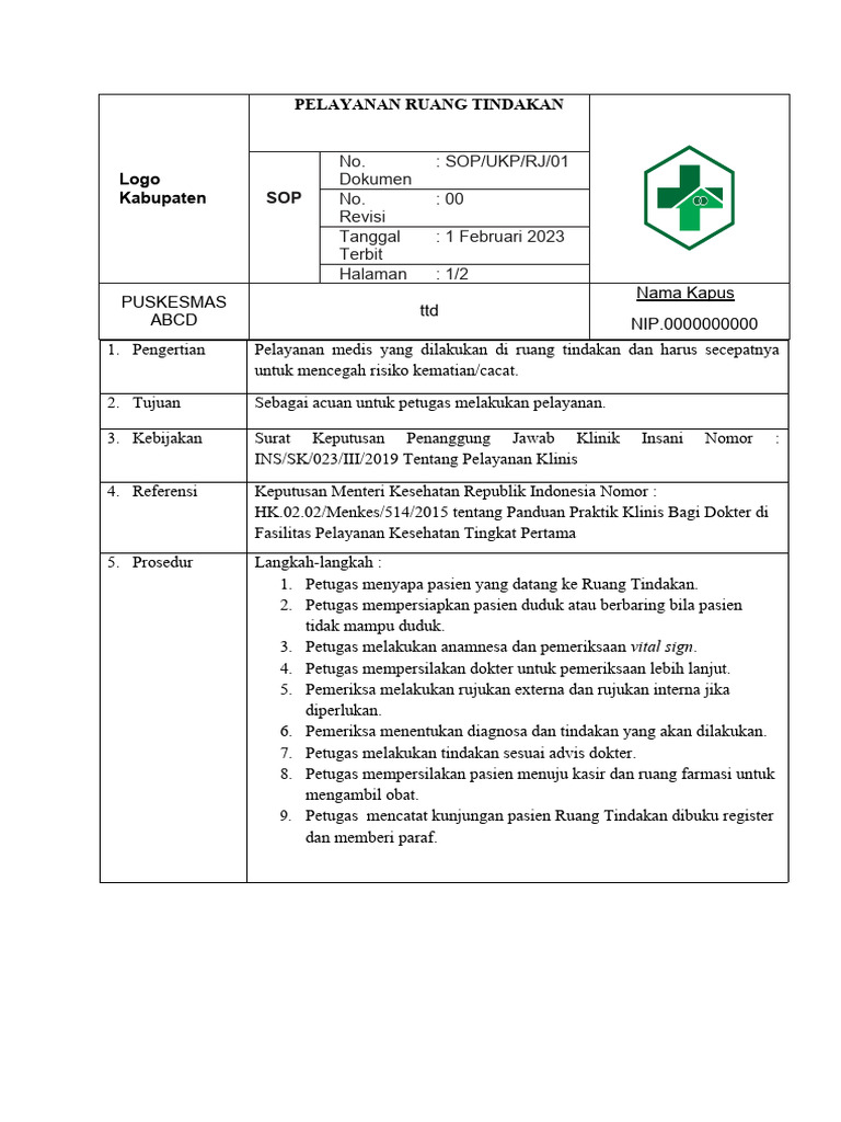 SOP Pelayanan Ruang Tindakan | PDF