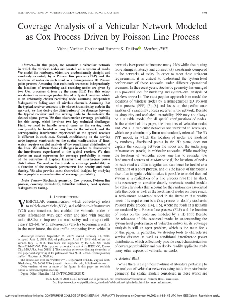 35 Coverage Analysis Of A Vehicular Network Modeled As Cox Process Driven