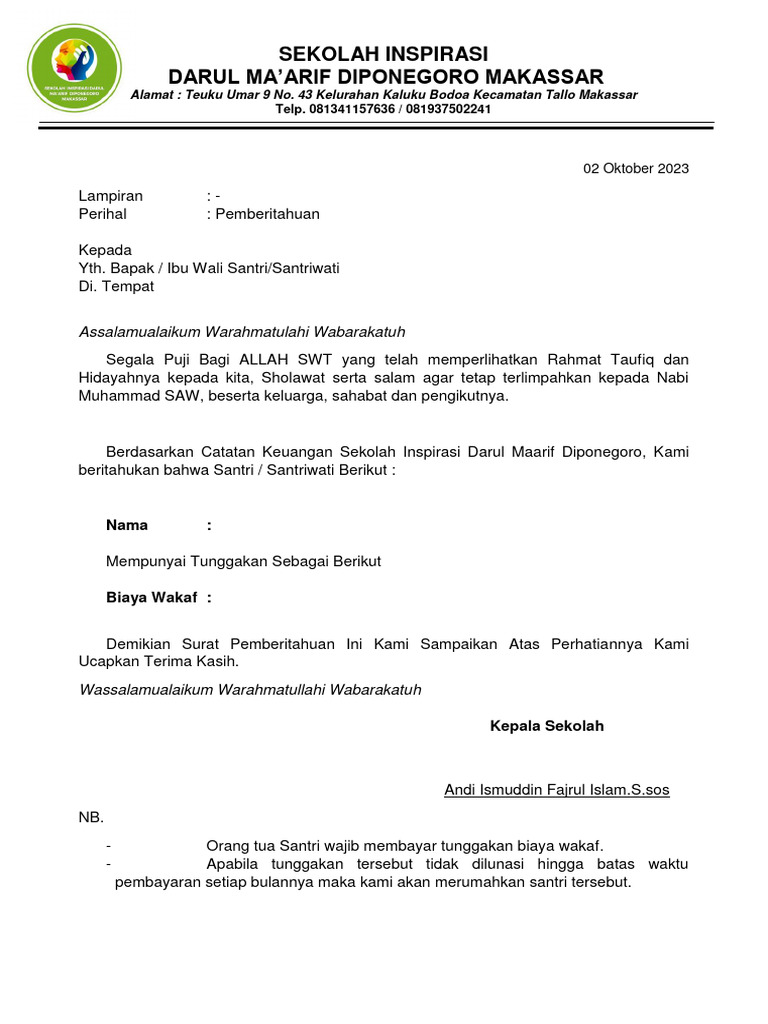 Teguran Pembayaran Tunggakan Wakaf | PDF