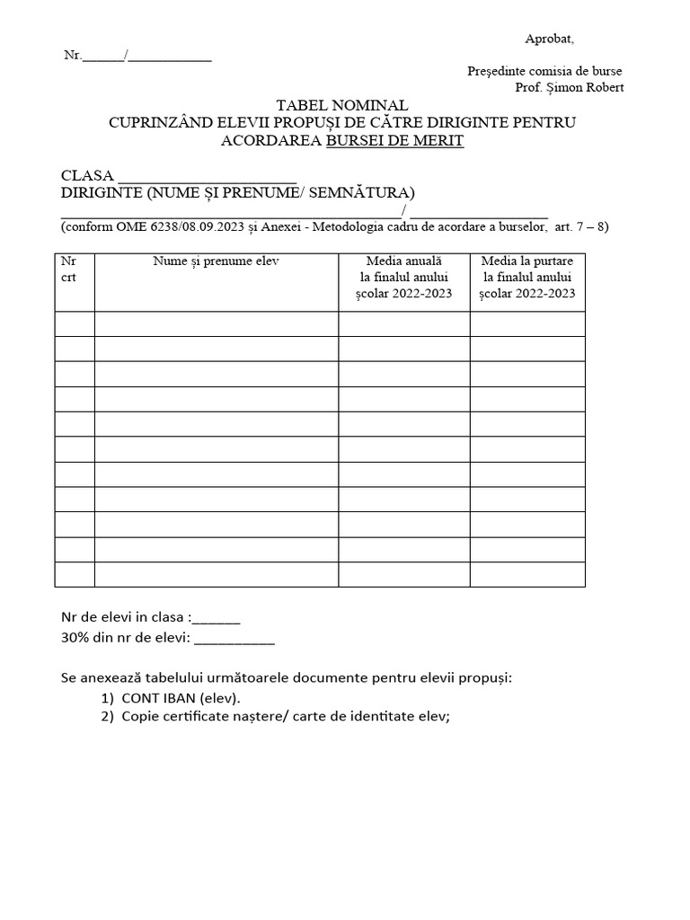 Tabel Nominal Burse de Merit | PDF