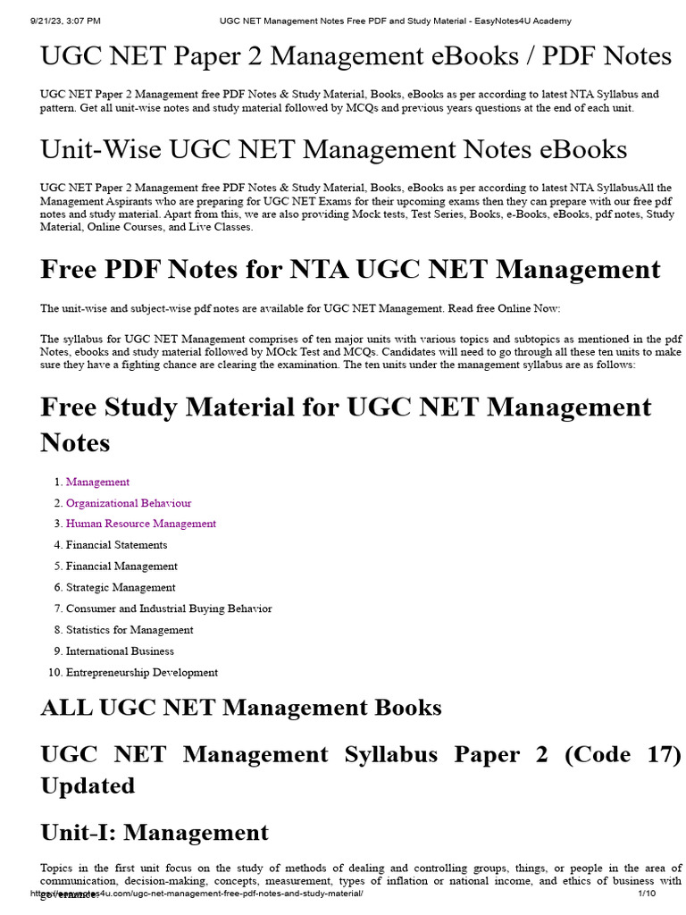 UGC NET Management Notes Free PDF and Study Material - EasyNotes4U ...
