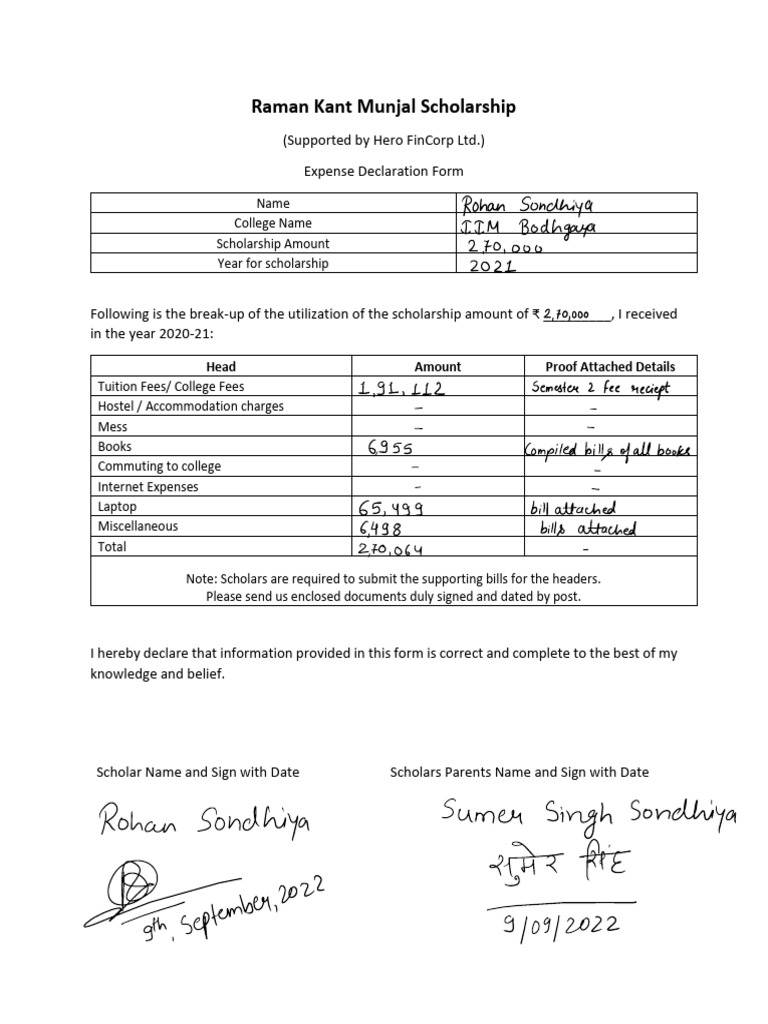 Expense Declaration Form - RKMF | PDF