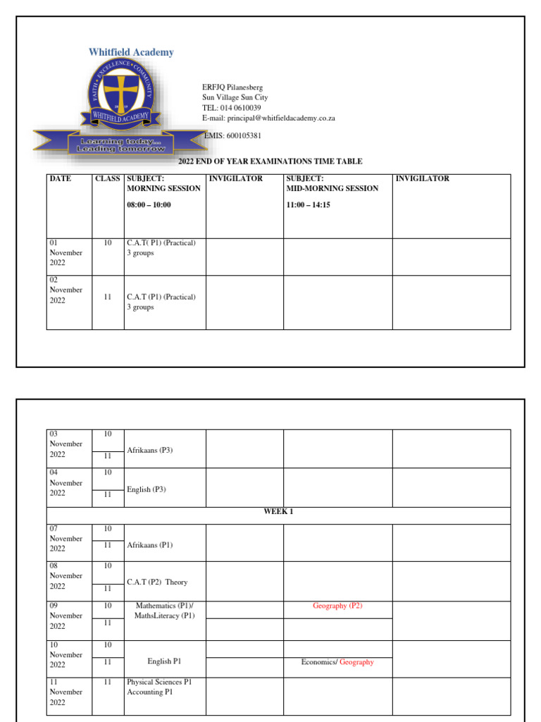 2022 Whitfield Academy Exam Schedule | PDF | Observation | Science