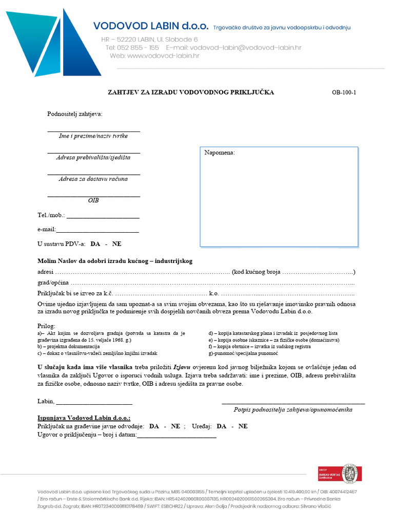 Obrazac Zahtjeva Za Izradu Vodovodnog Prikljucka | PDF