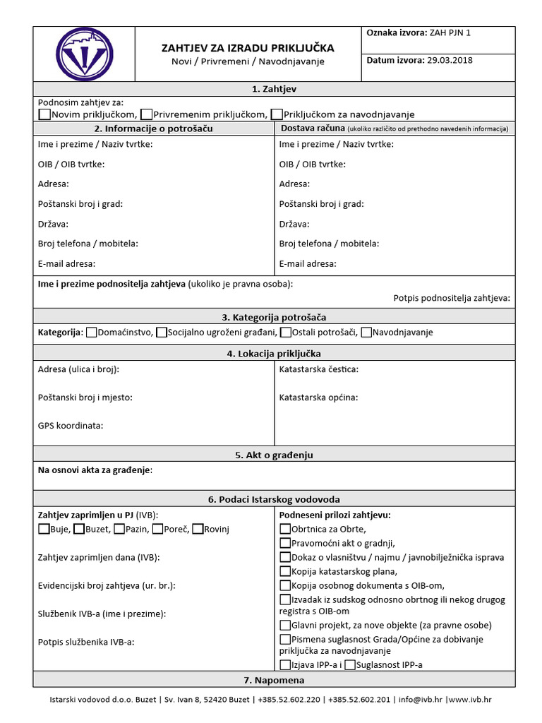 Obrazac Zahtjeva Za Izradu Vodovodnog Priključka | PDF
