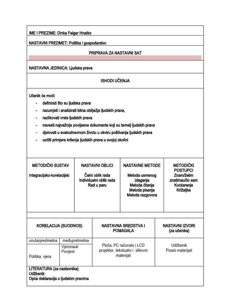 Priprava Za Nastavni Sat | PDF