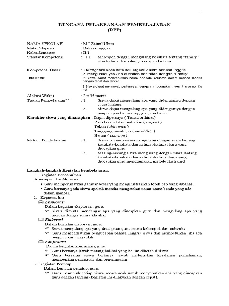 RPP Bahasa Inggris SD Kelas II Sms 1 | PDF