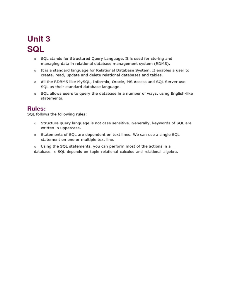 Unit-3 DBMS Notes | PDF | Relational Database | Sql Unit-3 DBMS Notes | PDF | Relational Database | Sql