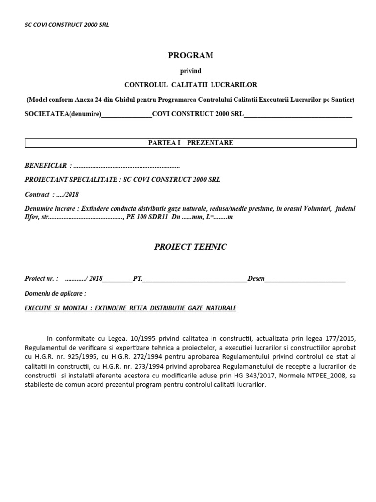 MODEL PROGRAM CONTROL CALITATE - Gaz | PDF