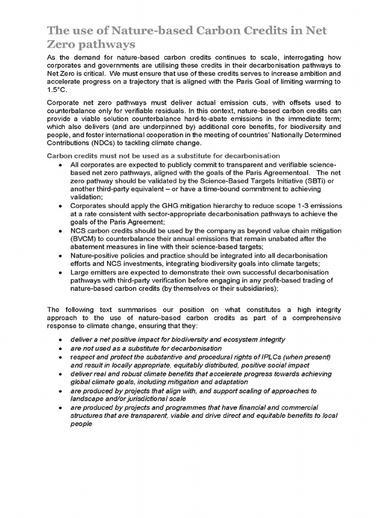 The Use of Nature-Based Carbon Credits in Net Zero Pathways | PDF