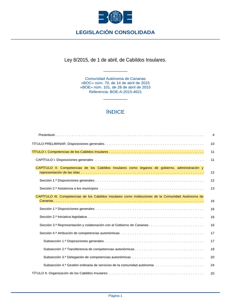 Ley 8-2015, de 1 de Abril, de Cabildos Insulares. | PDF