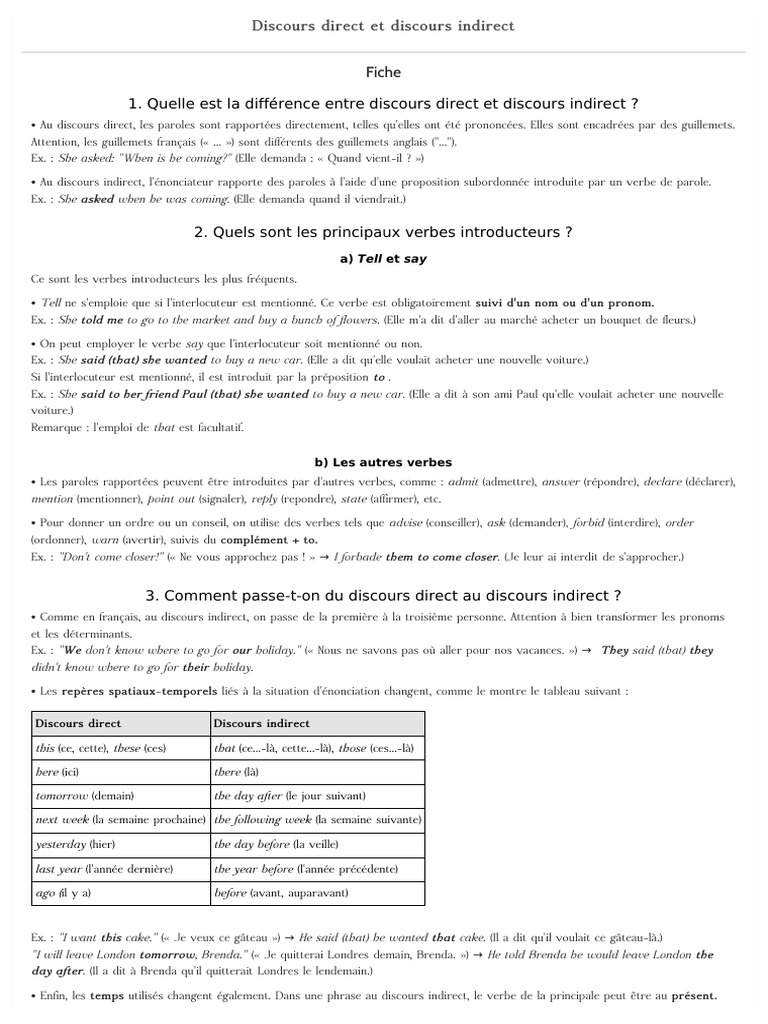 1re Cours Et Exo Anglais-Discours-Direct-Et-Discours-Indirect | PDF