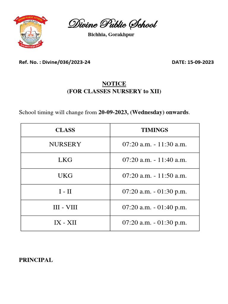 School Timing For Classes Nur.-Xii | PDF School Timing For Classes Nur.-Xii | PDF