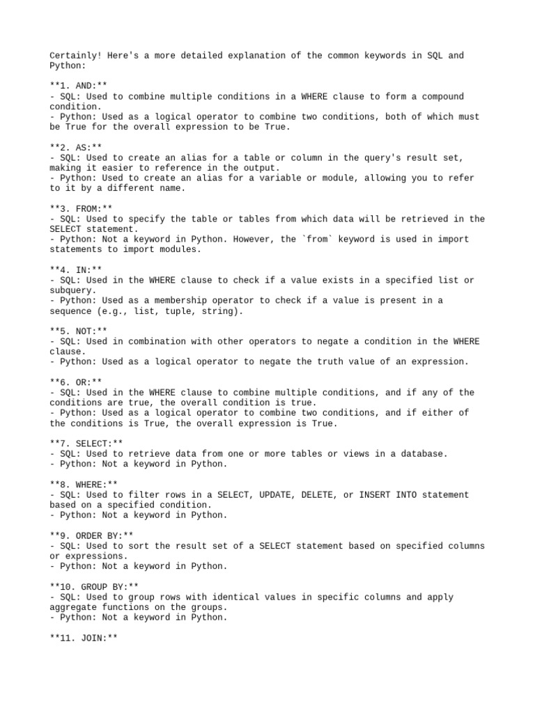 Common keywords in sql and python | PDF | Table (Database) | Sql
