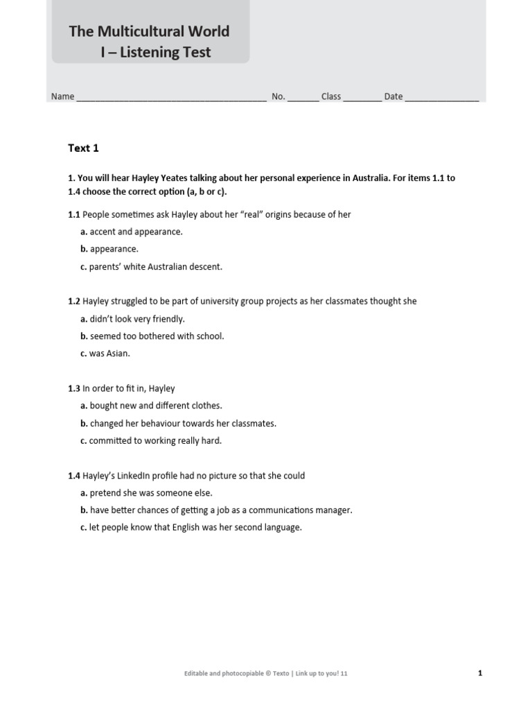 1 Linkup11 Unit1 TestA Listening | PDF