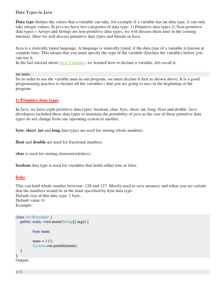 Data Types in Java | PDF | Data Type | Integer (Computer Science) Data Types in Java | PDF | Data Type | Integer (Computer Science)