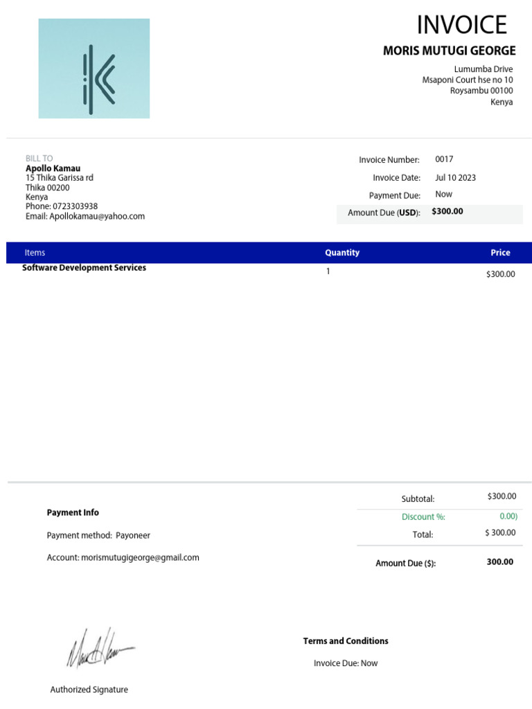 INVOICE Payoneer Mutugi | PDF