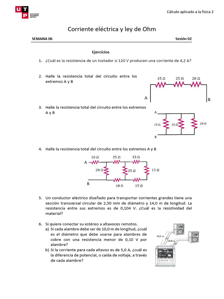S06.S2 Ejercicios | PDF | Resistencia Eléctrica y Conductancia | Corriente eléctrica