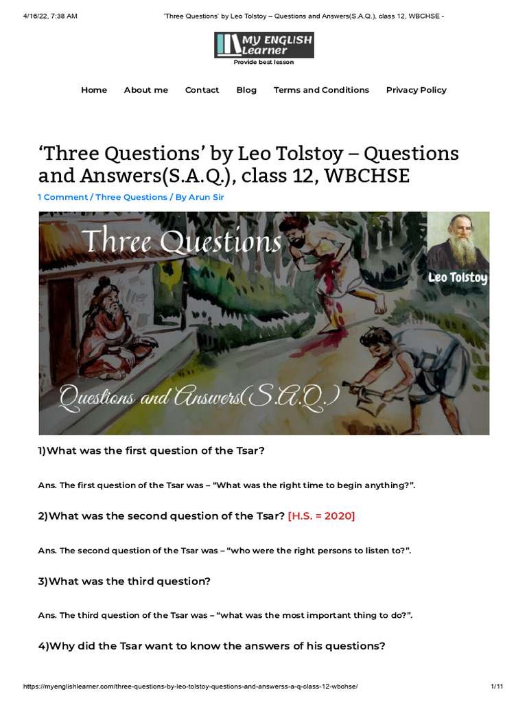 Three Questions' by Leo Tolstoy - Questions and Answers (S.a.Q.), Class ...