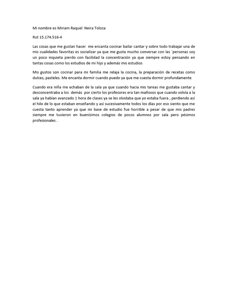 Mi Nombre Es Miriam Raquel Neira Toloza | PDF