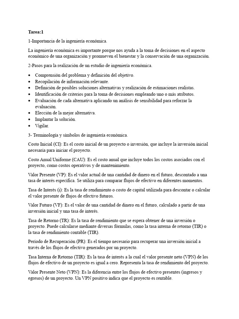 Tarea 1 Ing. Económica | PDF