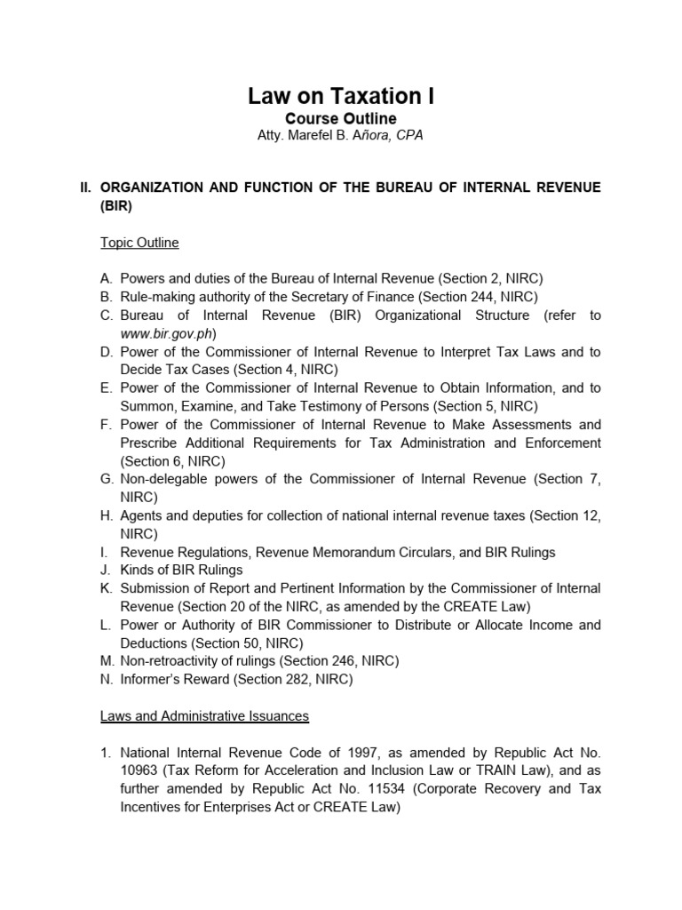 Law On Taxation I Course Outline II 1 | PDF