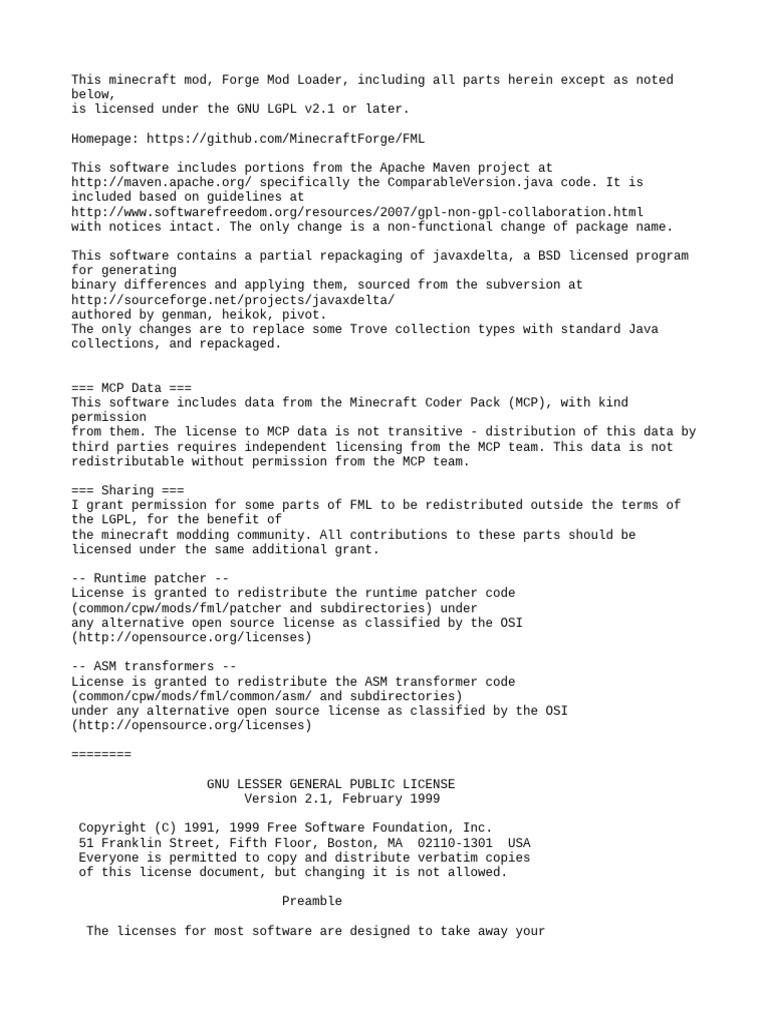 MinecraftForge FML License | Download Free PDF | Source Code | Library (Computing)