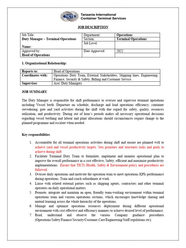 JD - Duty Manager - Terminal Operations 2021 | PDF | Technology ...
