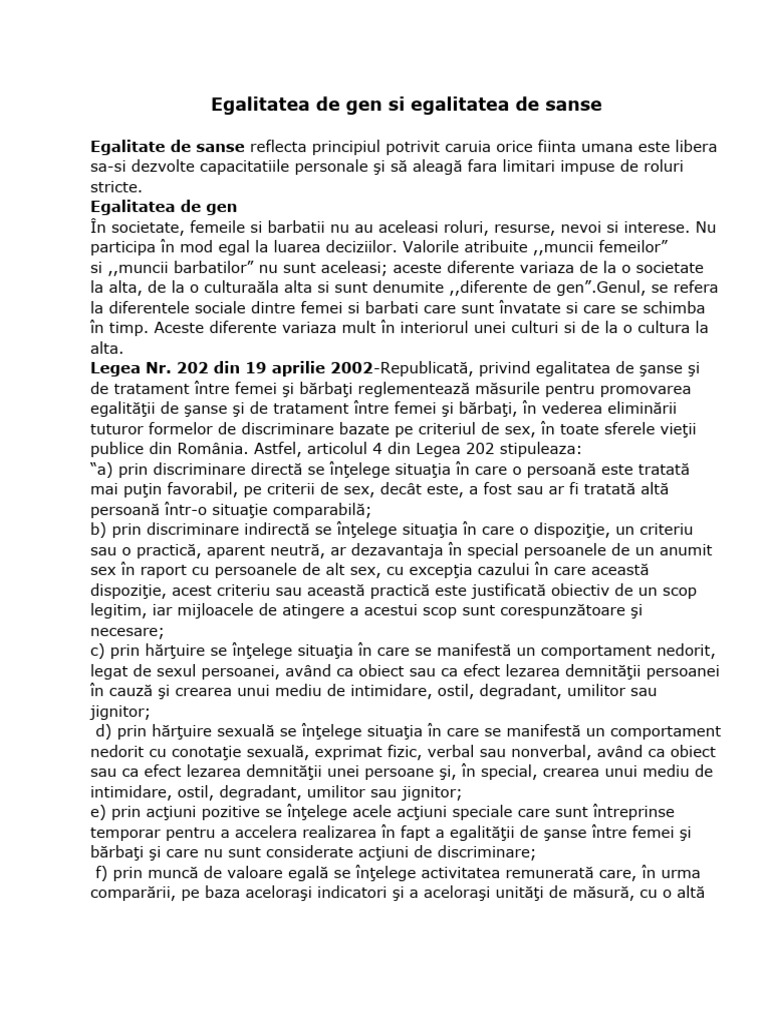 Egalitatea de Gen Si Egalitatea de Sanse | PDF