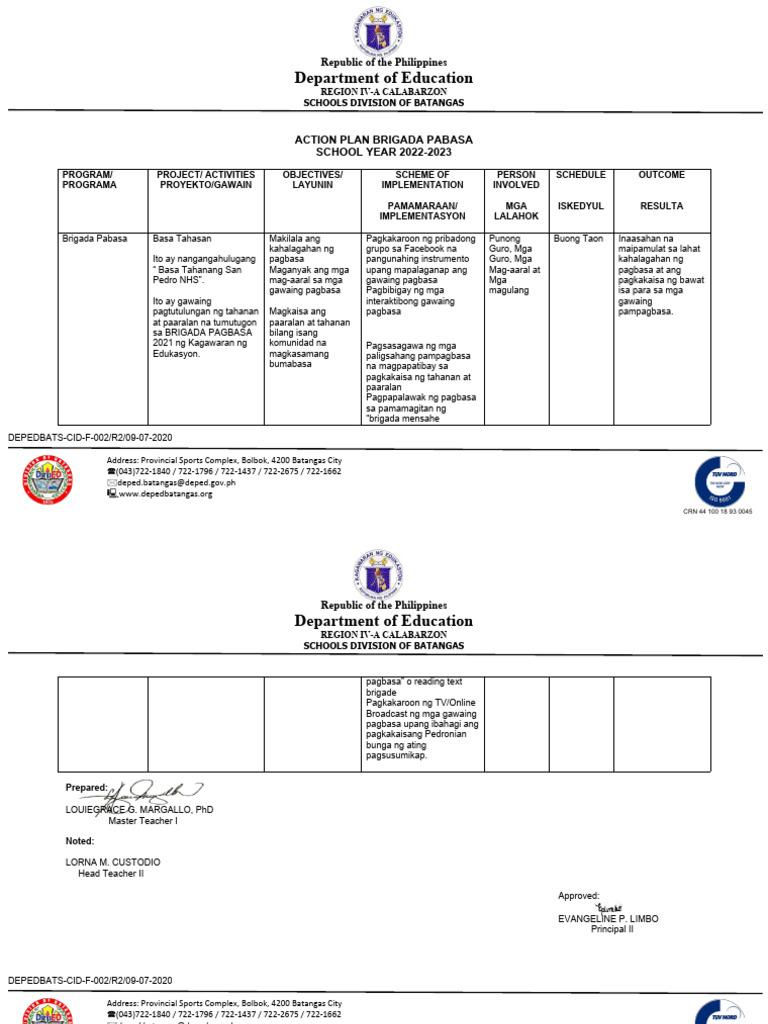 Brigada Pabasa-Action Plan | PDF