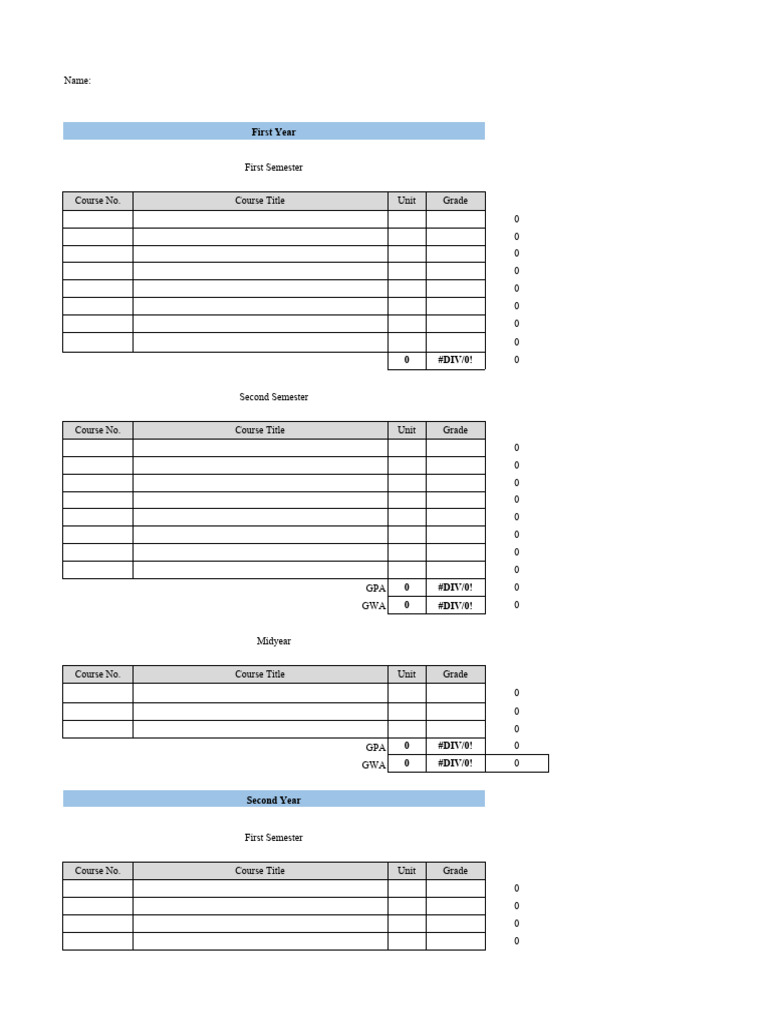 GWA and GPA Tracking Template | PDF | Student Assessment And Evaluation ...
