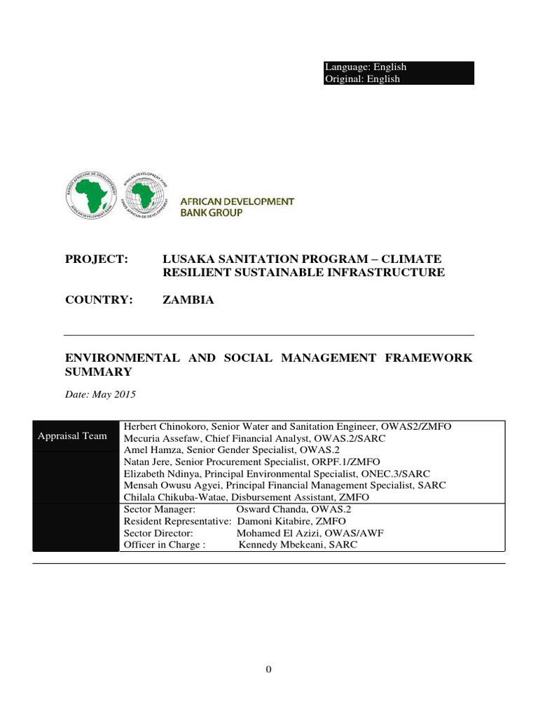 Zambia ESMF Summary Lusaka Sanitation Program Final | PDF