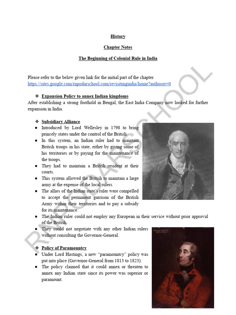Beginning of Colonial Rule in India-Chapter Notes (1) - Watermark | PDF ...
